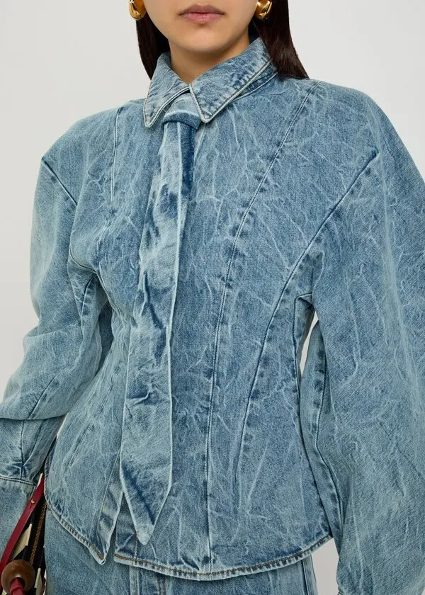 A.W.A.K.E. Mode Tie-neck Washed Denim Shirt - Indigo