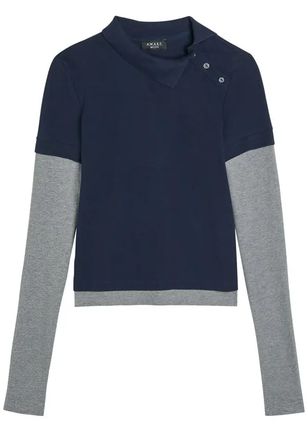 A.W.A.K.E. Mode Asymmetric-collar Layered Piqué Cotton Polo Shirt