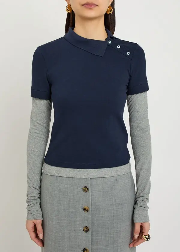 A.W.A.K.E. Mode Asymmetric-collar Layered Piqué Cotton Polo Shirt
