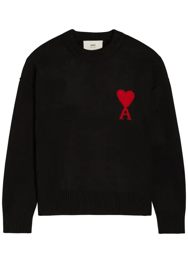 Ami Logo-intarsia Wool Jumper - Black