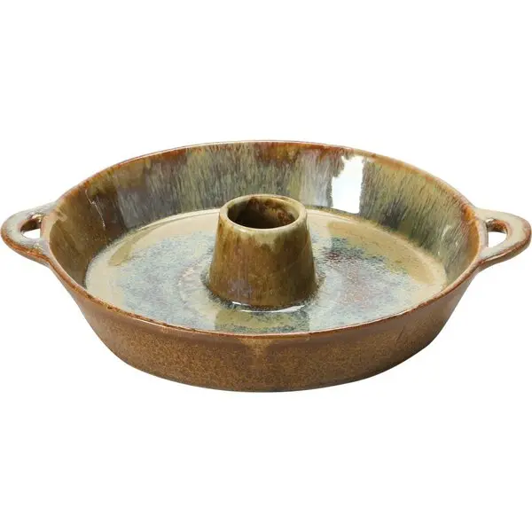 STORIED HOME Stoneware Dish With Toothpick Holder, Reactive Glaze - Brown