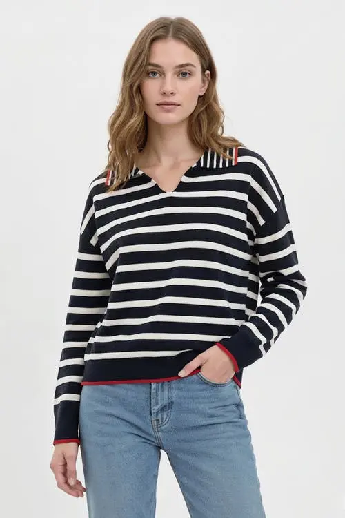 Central Park West Maisie Striped Long Sleeve Polo - Navy Multi