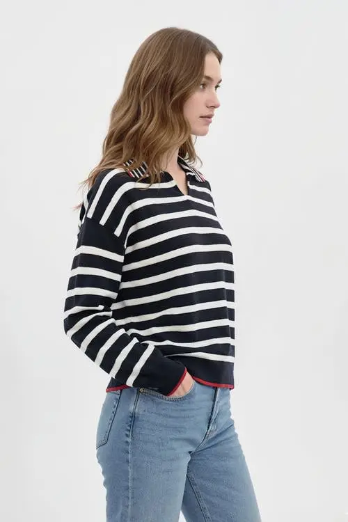 Central Park West Maisie Striped Long Sleeve Polo - Navy Multi