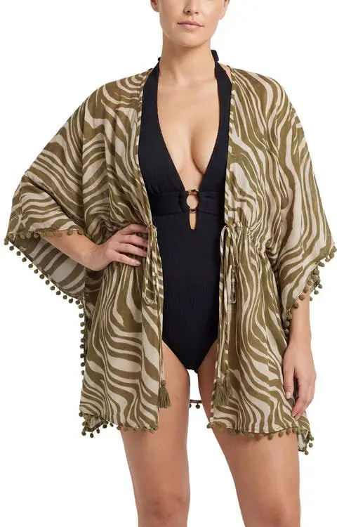 CHANGE OF SCENERY Audrey Short Drawstring Caftan Cover-up - Serengeti