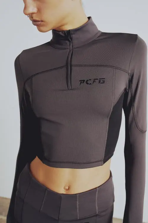 PCFG Mock Neck Cropped Long Sleeve Active Top - Anthracite
