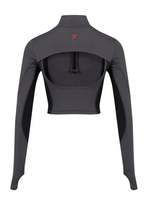 PCFG Mock Neck Cropped Long Sleeve Active Top - Anthracite