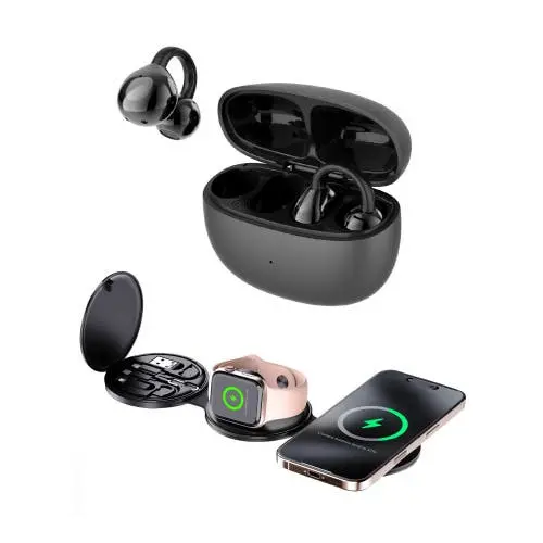 PURSONIC Power & Sound Essentials Bundle5-in-1 Folding Wireless Charging Station + True Wireless Earbuds - Black