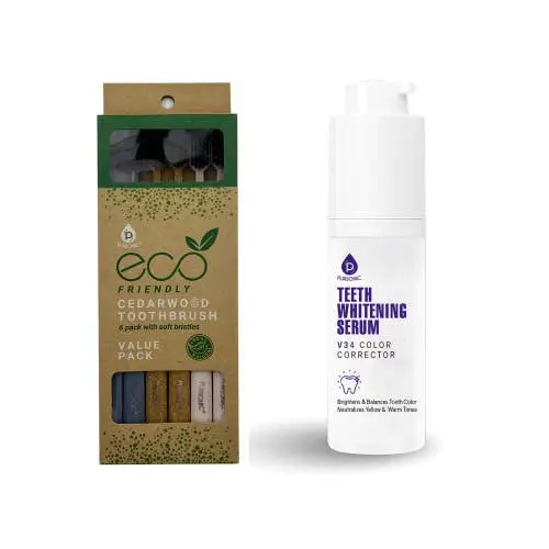 PURSONIC Elevate Your Smile Natural Cedarwood Toothbrushes & V34 Whitening Serum Bundle - Multicolor