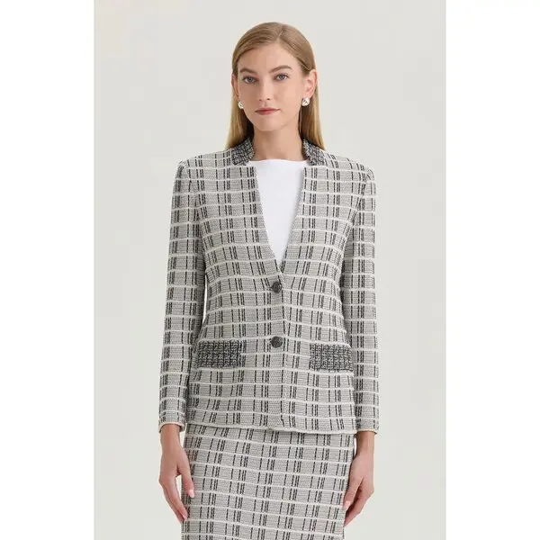 Ming Wang Tailored Contrast Stitch Tweed Knit Jacket