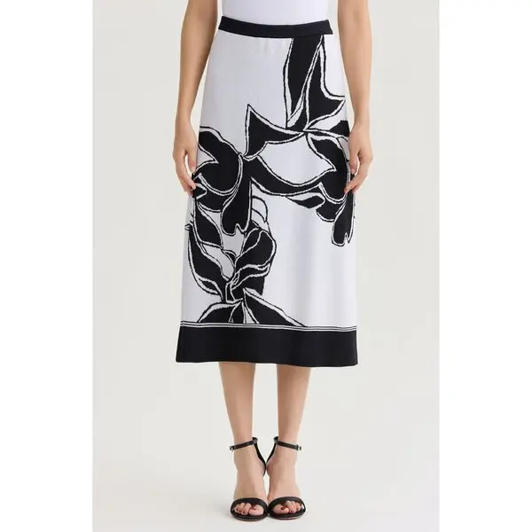 Ming Wang Floral Jacquard Knit Midi Skirt - Black/white