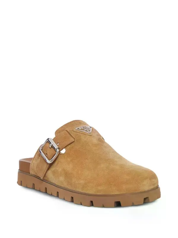 Prada Logo-plaque Suede Mules - Brown