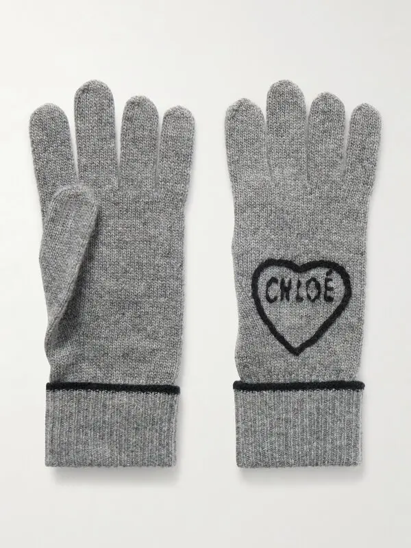 Chloé Embroidered Wool And Cashmere-blend Gloves - Gray