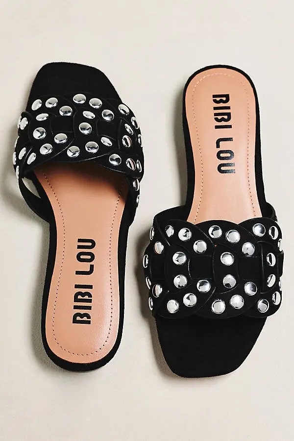 BIBI LOU Studded Faux Suede Slides - Black
