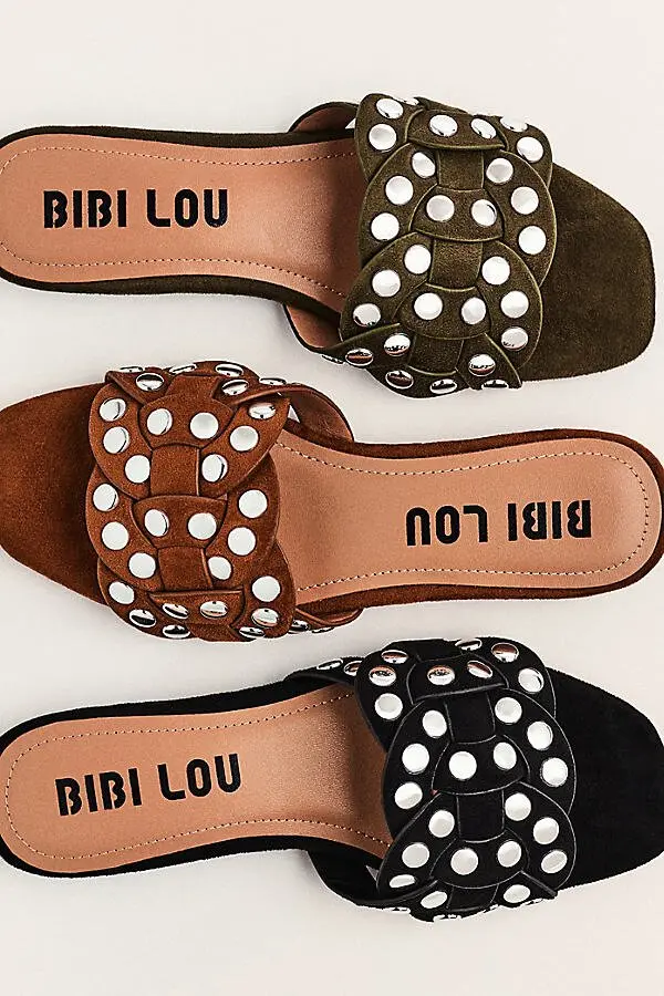 BIBI LOU Studded Faux Suede Slides - Khaki