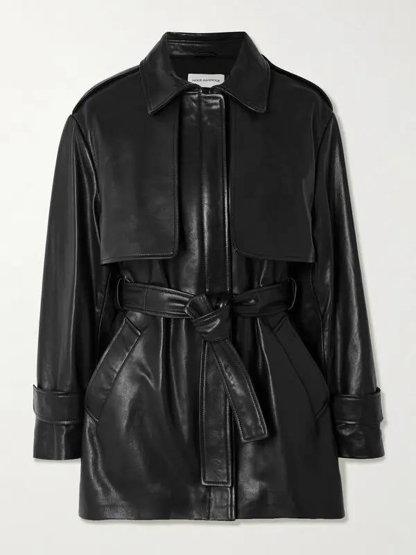Nour Hammour Priya Belted Paneled Leather Jacket - Black