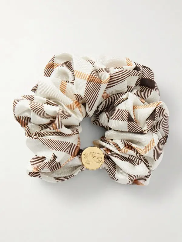 Burberry Embellished Checked Silk-twill Scrunchie - Neutrals