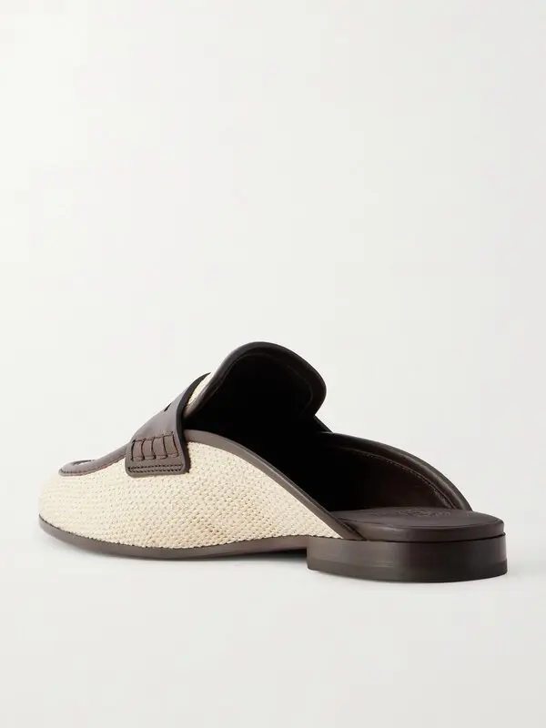 Brunello Cucinelli Leather-trimmed Raffia Mules - Cream