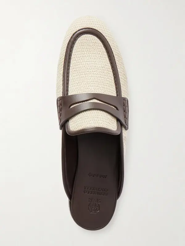 Brunello Cucinelli Leather-trimmed Raffia Mules - Cream