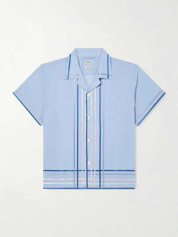 BODE Ribbon Plaid Camp-collar Satin-trimmed Cotton-poplin Shirt - Blue