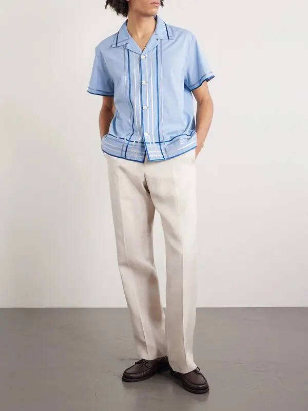 BODE Ribbon Plaid Camp-collar Satin-trimmed Cotton-poplin Shirt - Blue