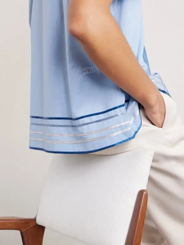 BODE Ribbon Plaid Camp-collar Satin-trimmed Cotton-poplin Shirt - Blue