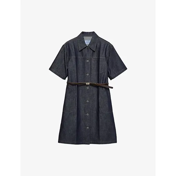 Prada Short-sleeve Belted Denim Mini Dress