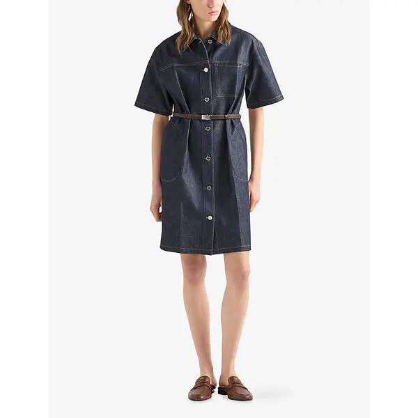 Prada Short-sleeve Belted Denim Mini Dress