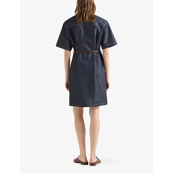 Prada Short-sleeve Belted Denim Mini Dress