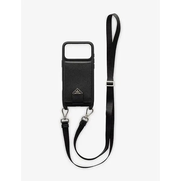Prada Shoulder-strap Saffiano Leather Case Iphone 17 Pro Case - Black