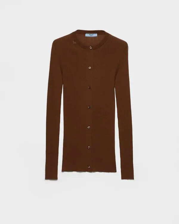 Prada Ribbed Knit Wool Cardigan - Tobacco