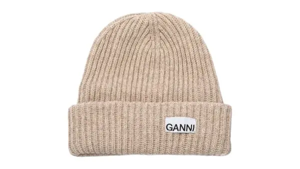 GANNI Ribbed Recycled Wool Beanie - Brazilian Sand