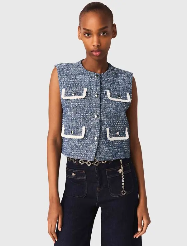 Maje Marled Tweed Waistcoat With Contrasting Trim