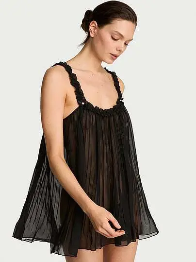 Victoria's Secret Dream Angels Pleated Ruffle Babydoll Set - Black