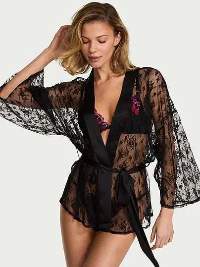 Victoria's Secret Very Sexy Cherry Pop Embroidery Lace Mini Robe - Black