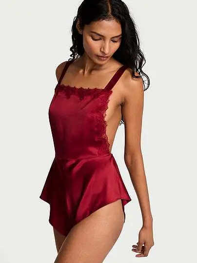 Victoria's Secret Satin Lace-trim Square-neck Romper - Red