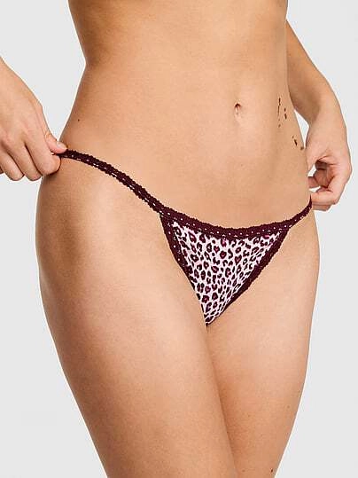 Pink Cotton Lace Trim String Bikini Panty - Print