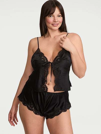 Victoria's Secret Dream Angels Satin Lace-trim Cami And Flutter Shorts Set - Black