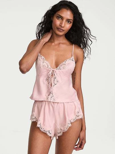 Victoria's Secret Dream Angels Satin Lace-trim Cami And Flutter Shorts Set - Pink