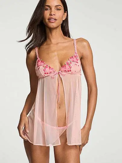 Victoria's Secret Dream Angels Hearts & Roses Embroidery Babydoll Set - Print