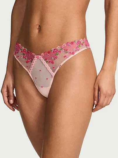 Victoria's Secret Dream Angels Hearts & Roses Embroidery Thong Panty - Print