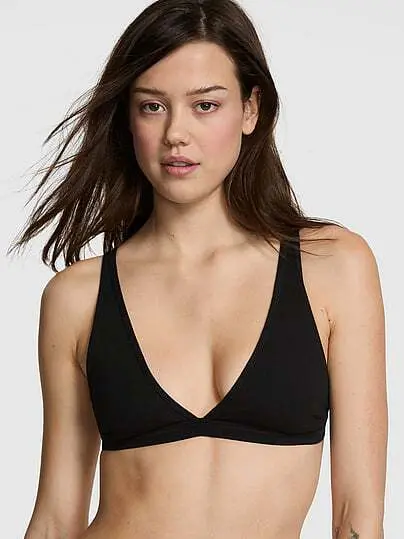 Pink Cotton Dorm Plunge Bralette - Black