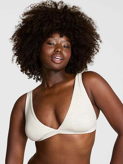 Pink Cotton Dorm Unlined Plunge Bralette - Grey