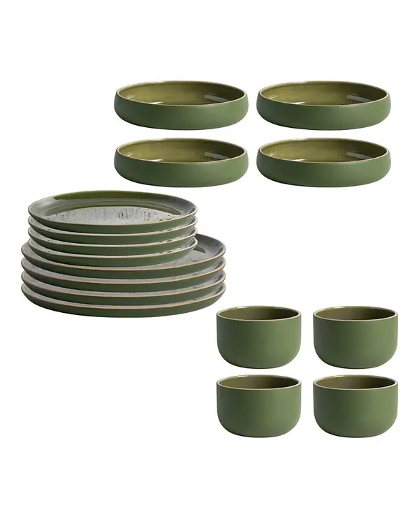 GHARYAN STONEWARE Le Gourmand Dinnerware, Set Of 16 Pieces - Matte Green/ Shiny Green
