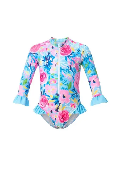 MIA BELLE GIRLS Floral Rashguard One-piece Swimsuit - Blue