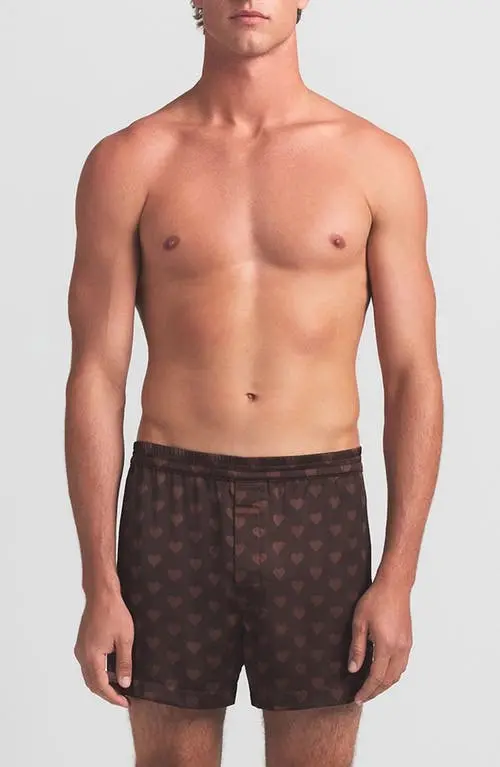 SKIMS Sleep Satin Boxers - Cocoa Heart Halfdrop Print