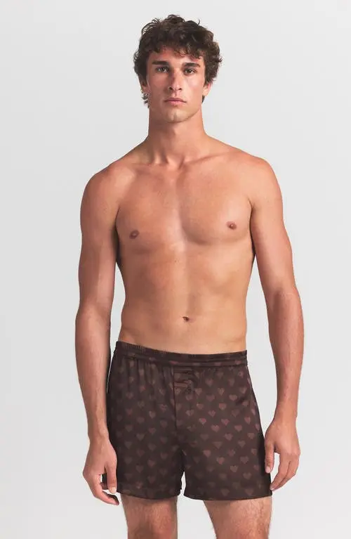 SKIMS Sleep Satin Boxers - Cocoa Heart Halfdrop Print