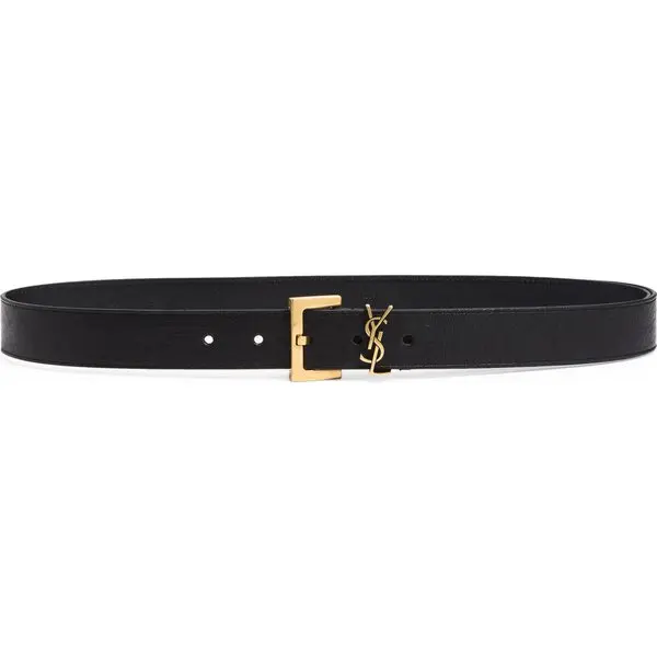 Saint Laurent Cassandre Logo Leather Belt - Black