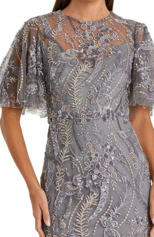 Mac Duggal High Neck Flutter Sleeve Floral Embroidered Gown
