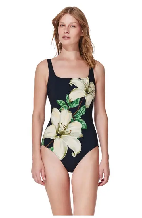 GOTTEX Yuri Flower Square Neck One Piece - Black-cream