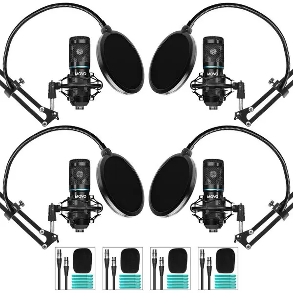 MOVO 4-pack Universal Cardioid Podcasting Microphone Bundle With Articulating Scissor Arm And Pop Filter For Xlr Outputs - Black